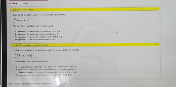 Solved Problem 12. (1 point) Part 1: A definite integral | Chegg.com