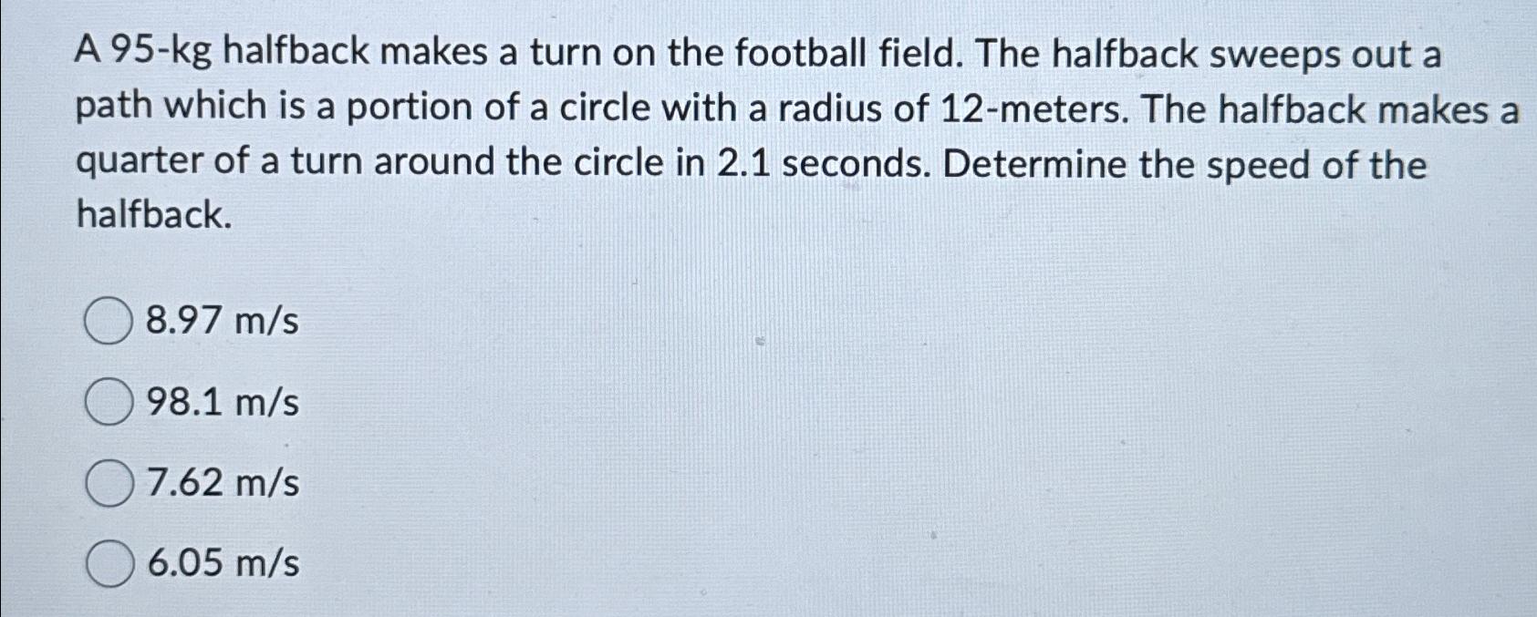 Solved A 95-kg ﻿halfback makes a turn on the football field. | Chegg.com