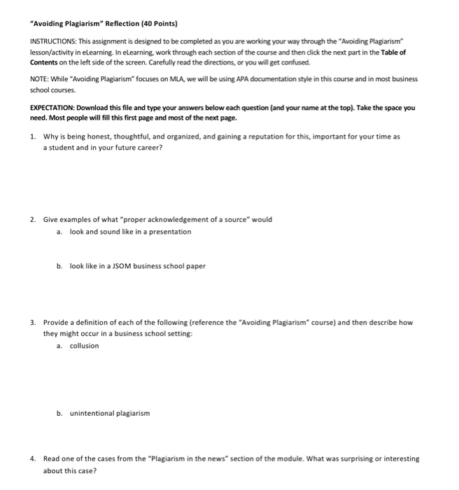 "Avoiding Plagiarism" Reflection (40 Points) | Chegg.com