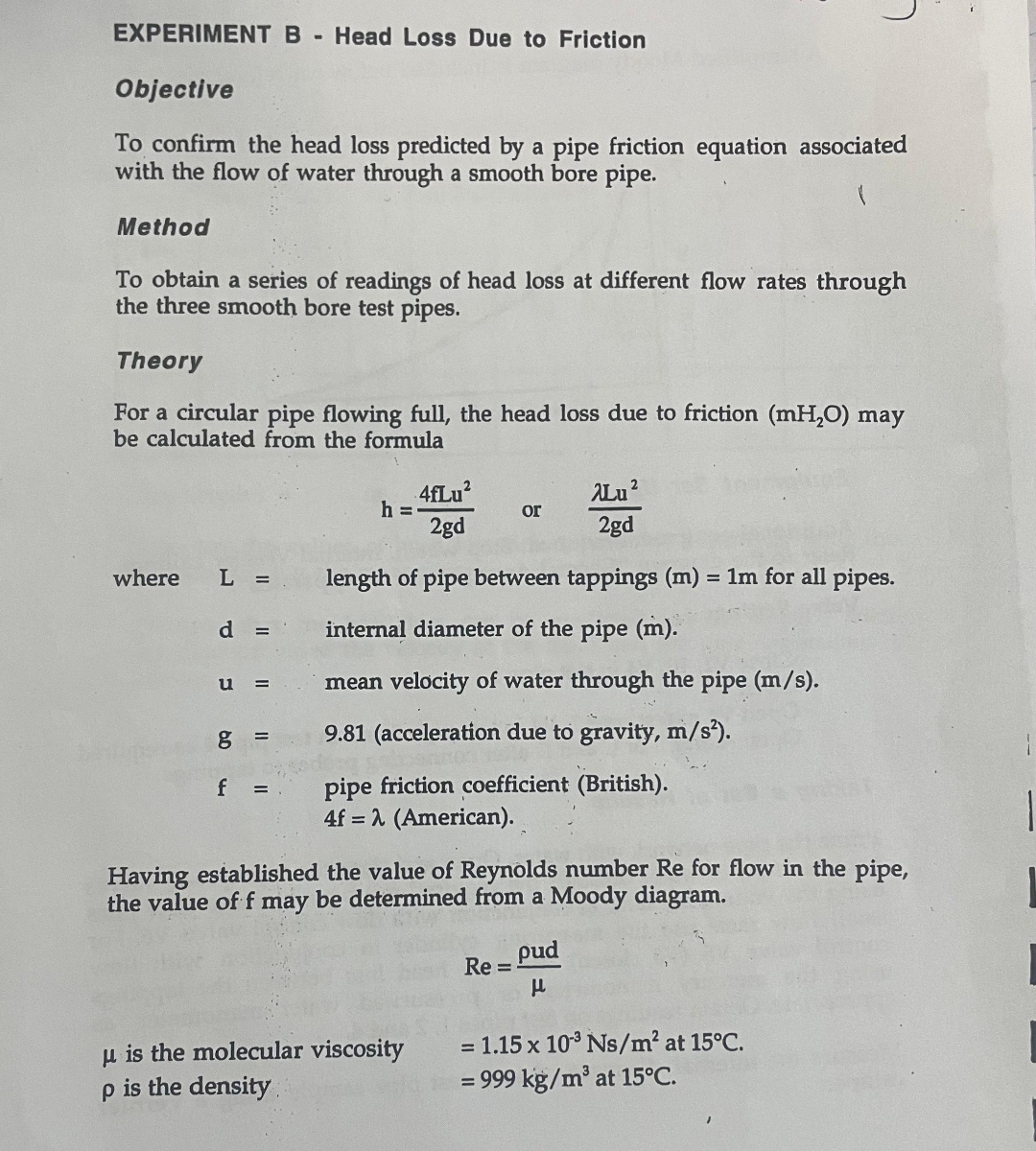 Solved EXPERIMENT B - ﻿Head Loss Due to FrictionObjectiveTo | Chegg.com