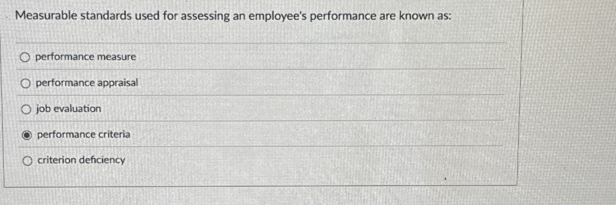 Solved Measurable standards used for assessing an employee's | Chegg.com