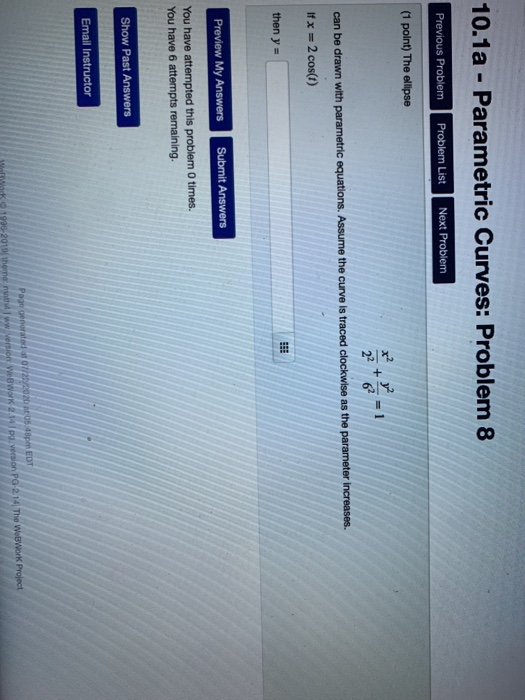 Solved 10.1a - Parametric Curves: Problem 8 Previous Problem | Chegg.com