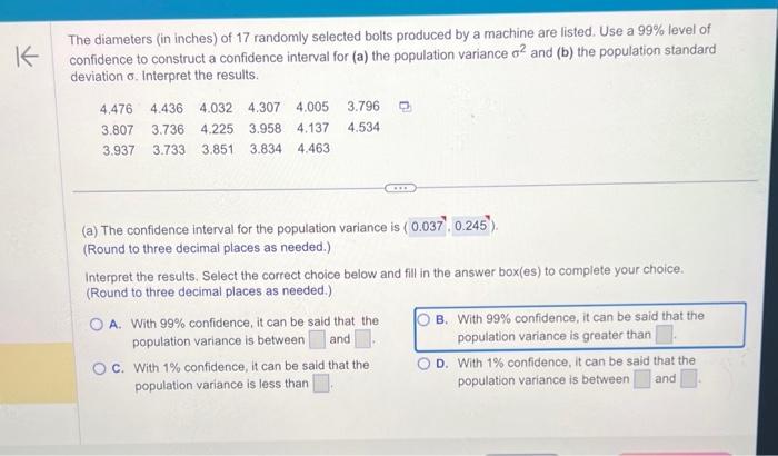 Solved The diameters (in inches) of 17 randomly selected | Chegg.com