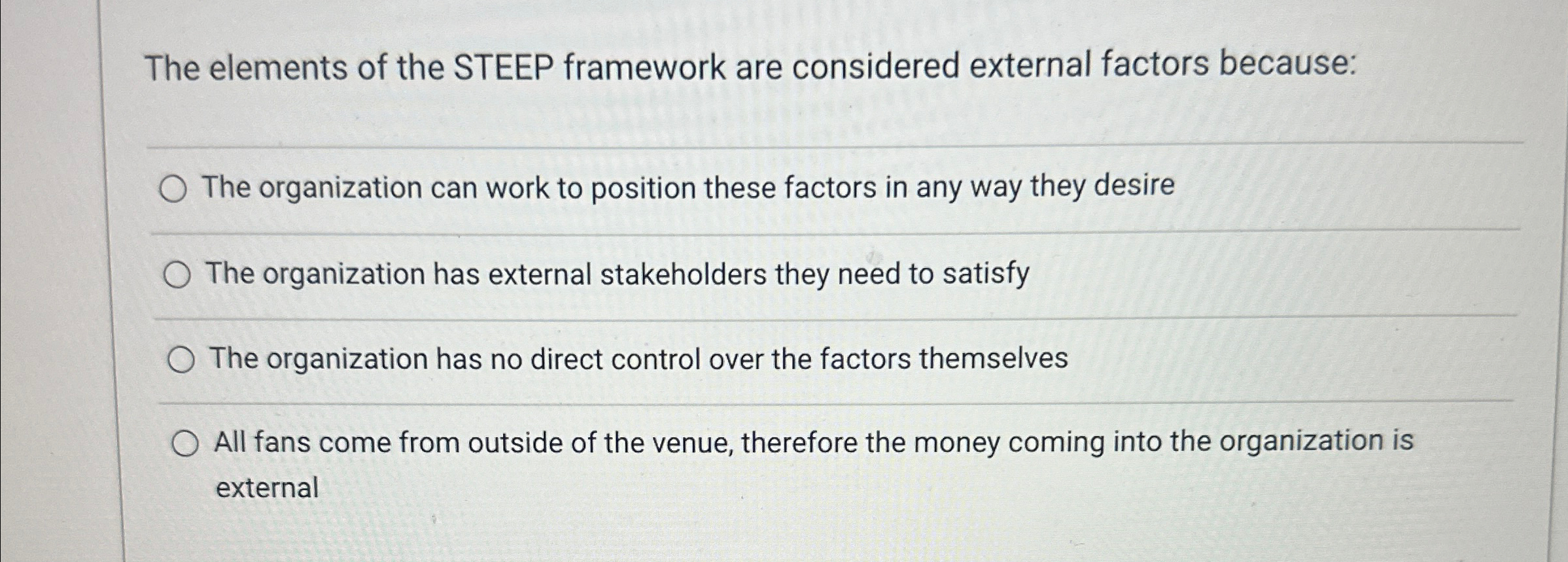 Solved The elements of the STEEP framework are considered | Chegg.com