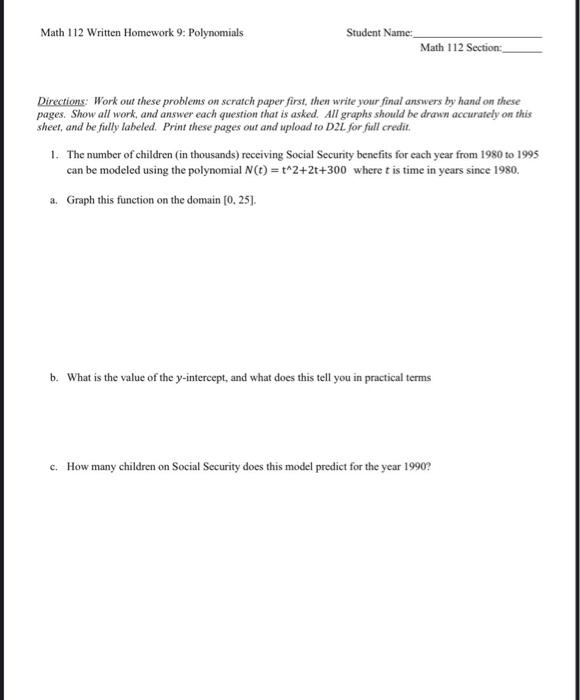 Solved Math 112 Written Homework 9: Polynomials Student | Chegg.com