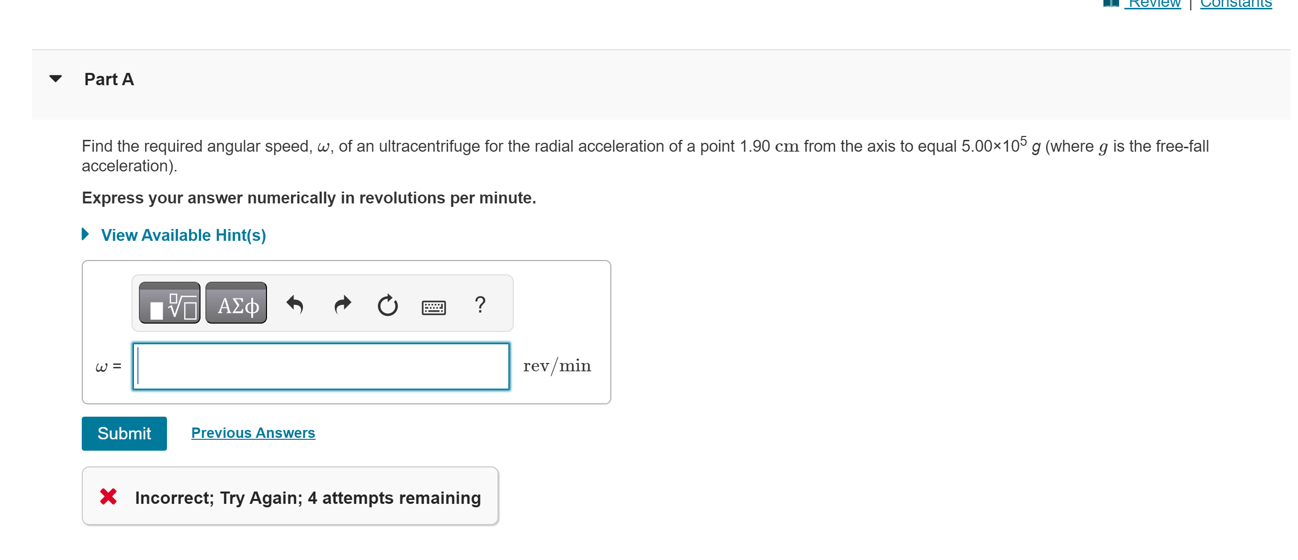 Solved Part AFind the required angular speed, ω, ﻿of an | Chegg.com