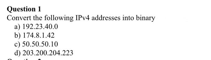 Solved Question 1 Convert the following IPv4 addresses into | Chegg.com