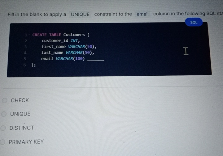 Solved Fill in the blank to apply a UNIQUE constraint to the | Chegg.com
