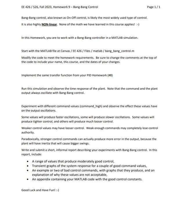 Solved EE 426/526, Fall 2023, Homework 9 - Bang-Bang Control | Chegg.com