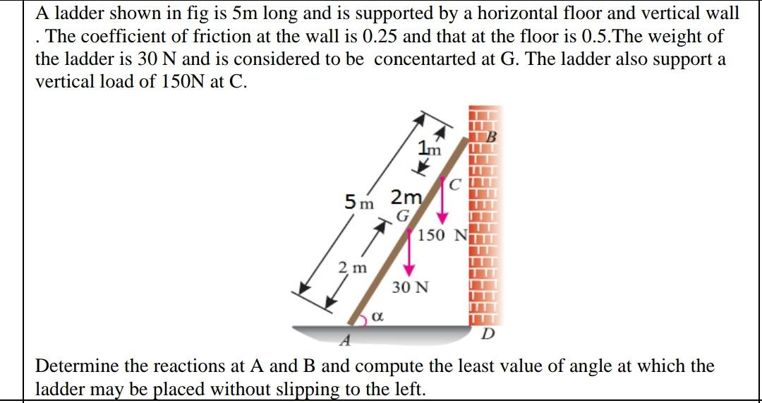 Solved A ladder shown in fig is 5m long and is supported by | Chegg.com