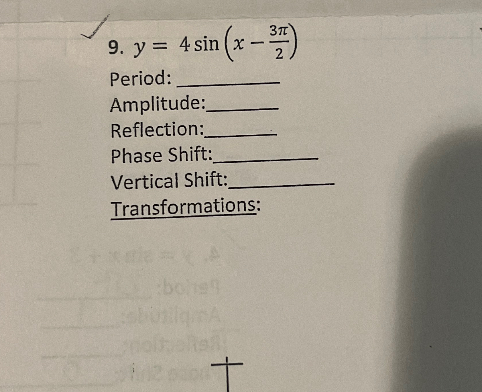 Solved y=4sin(x-3π2)Period:Amplitude:Reflection:Phase | Chegg.com