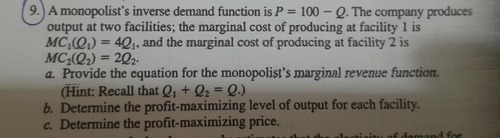 Solved A monopolist's inverse demand function is P=100-Q. | Chegg.com