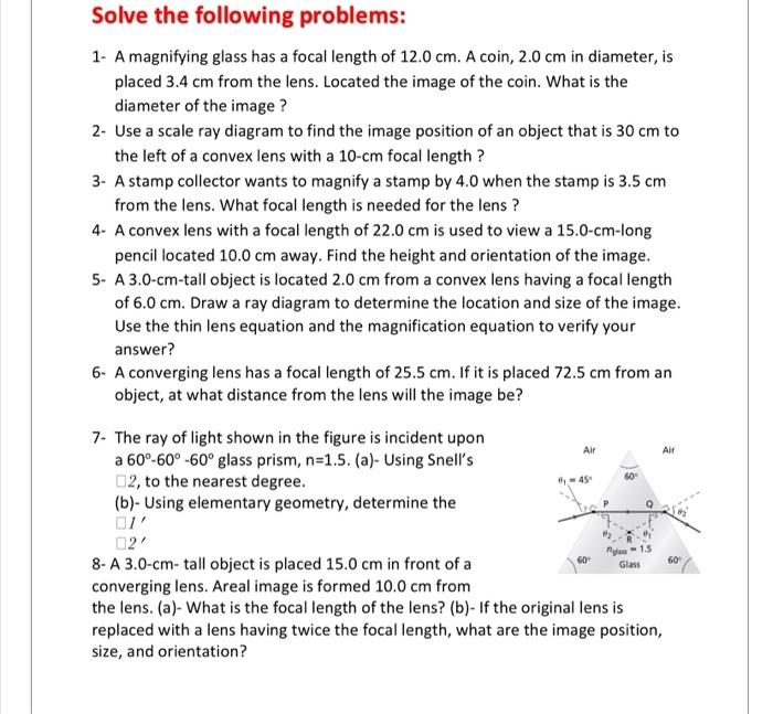 Solved Solve the following problems: 1- A magnifying glass | Chegg.com