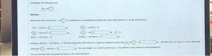 Solved Investigate the following limit. Solution lim sin x-0 | Chegg.com
