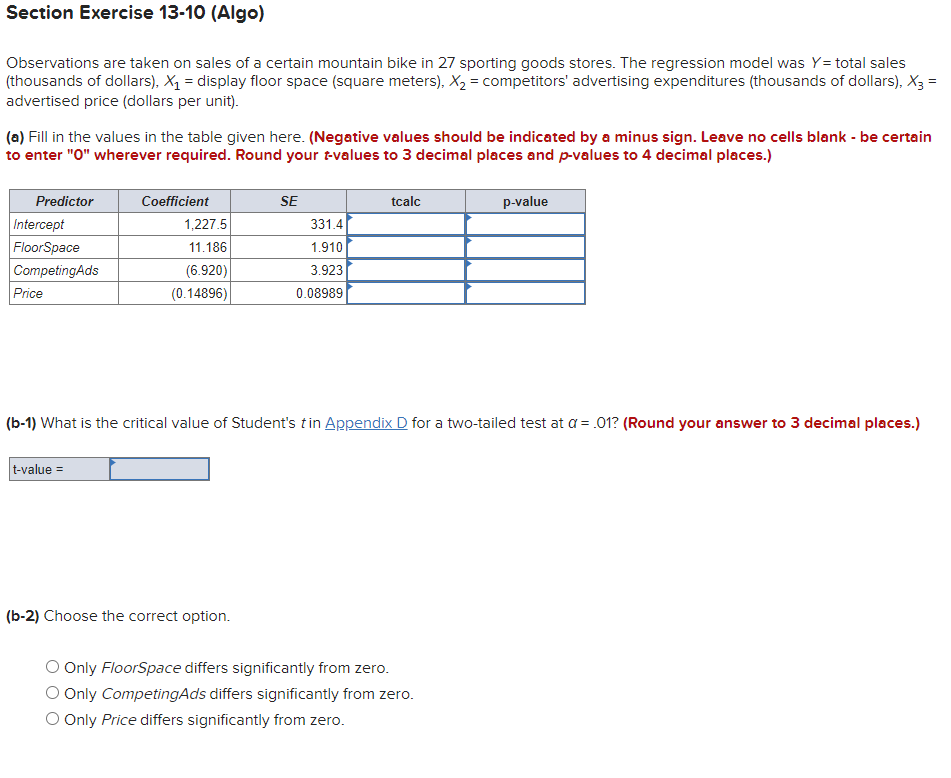 Solved Section Exercise 13-10 (Algo)Observations are taken | Chegg.com