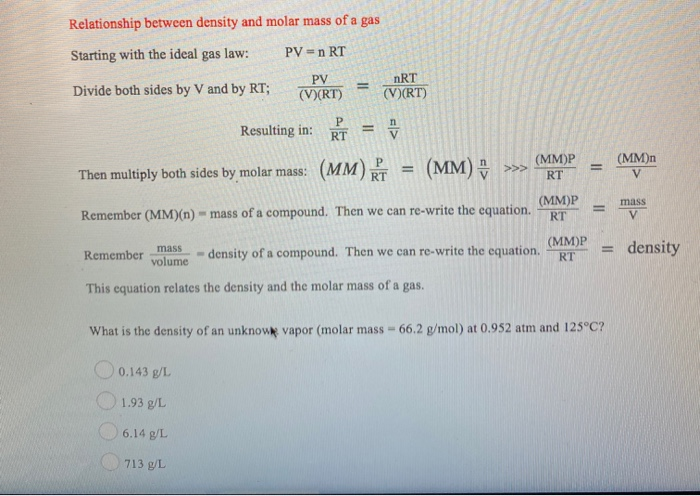 Solved Relationship between density and molar mass of a gas | Chegg.com