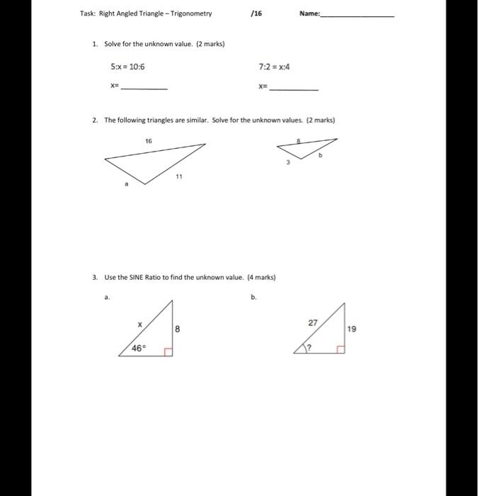 Solved Task: Right Angled Triangle - Trigonometry /16 Name: | Chegg.com