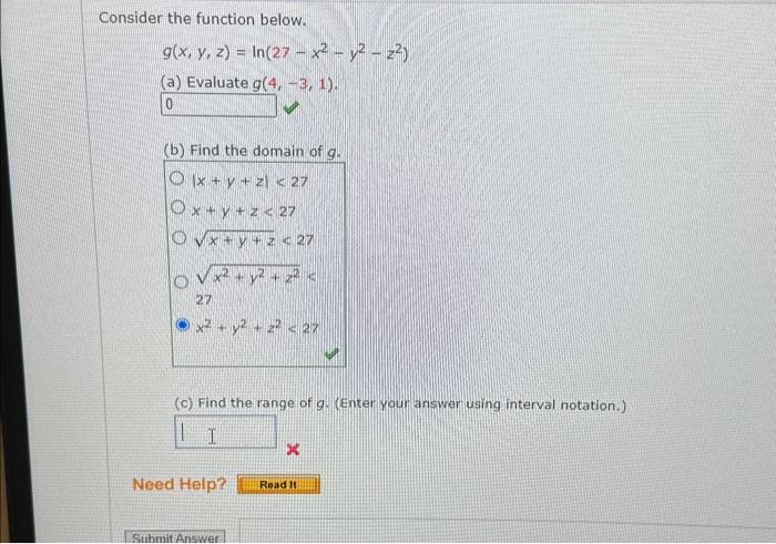 Solved Consider the function below. g(x,y,z)=ln(27−x2−y2−z2) | Chegg.com