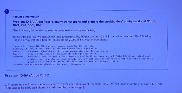 Solved Required information Problem 10-6A (Algo) Record | Chegg.com