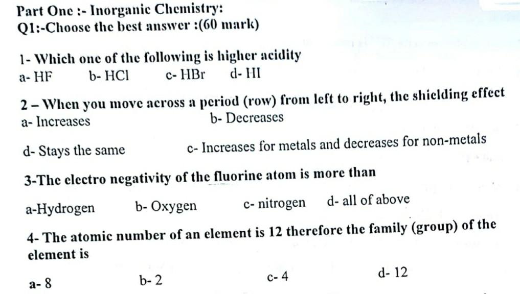 Solved Part One:- Inorganic Chemistry: Q1:-Choose the best | Chegg.com