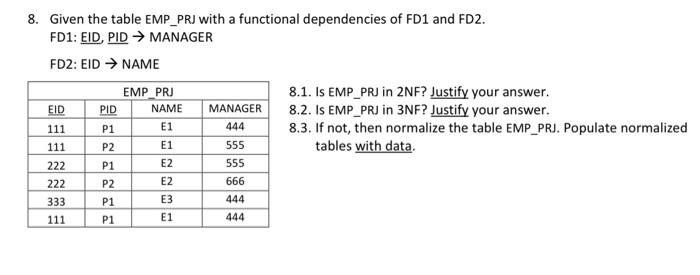 Solved 8. Given the table EMP_PRI with a functional | Chegg.com