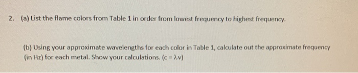 Solved 2. (a) List the flame colors from Table 1 in order | Chegg.com