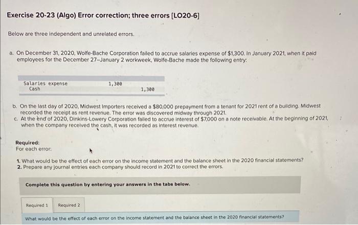 Solved Exercise 20-23 (Algo) Error correction; three errors | Chegg.com
