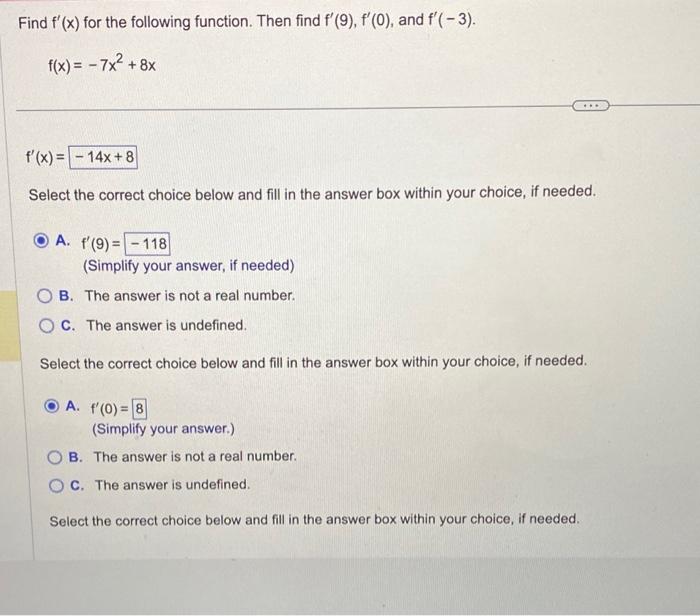 Solved Find f'(x) for the following function. Then find | Chegg.com