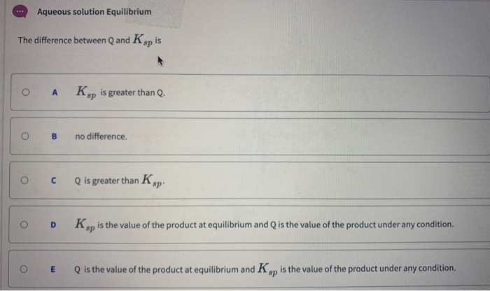 Solved Aqueous solution Equilibrium The difference between Q | Chegg.com