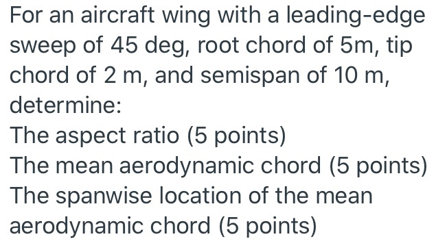 Solved For an aircraft wing with a leading-edge sweep of 45 | Chegg.com