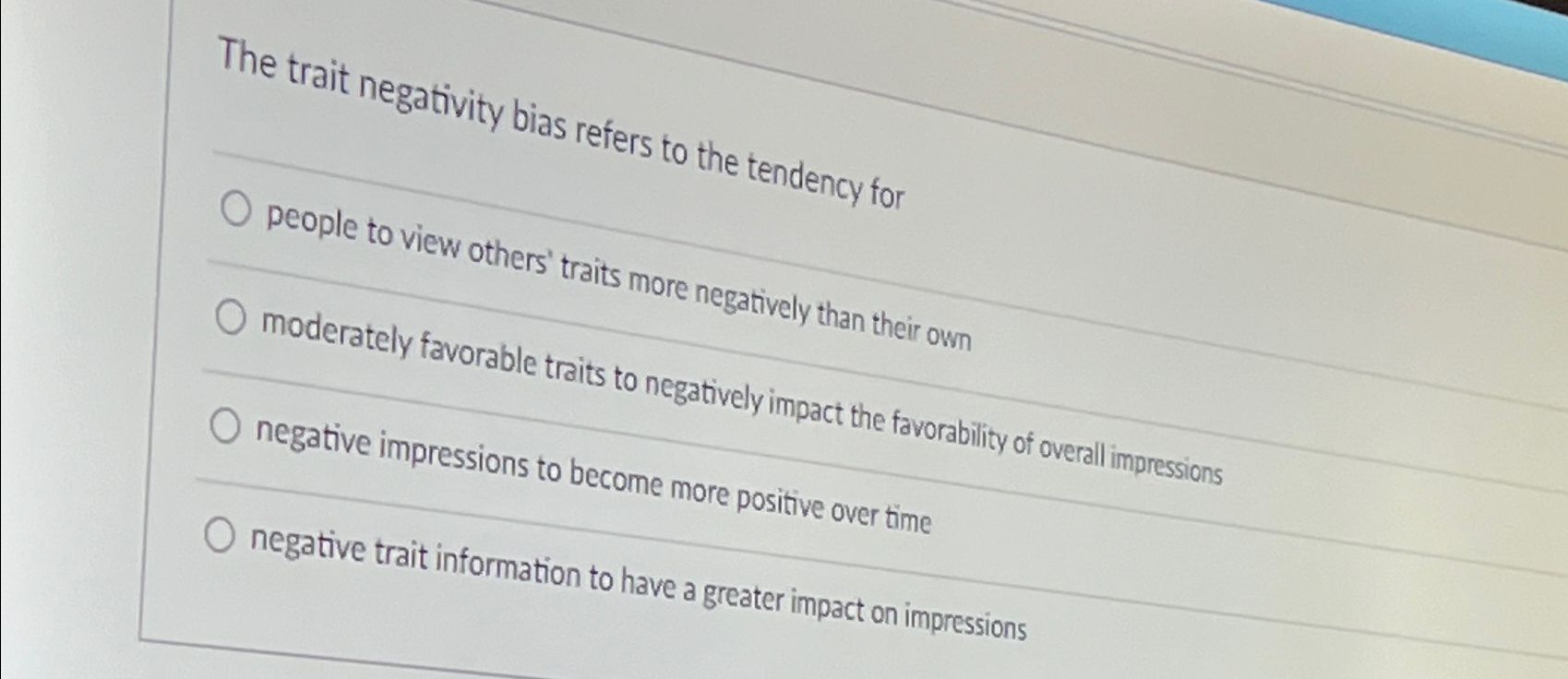 Solved The trait negativity bias refers to the tendency | Chegg.com