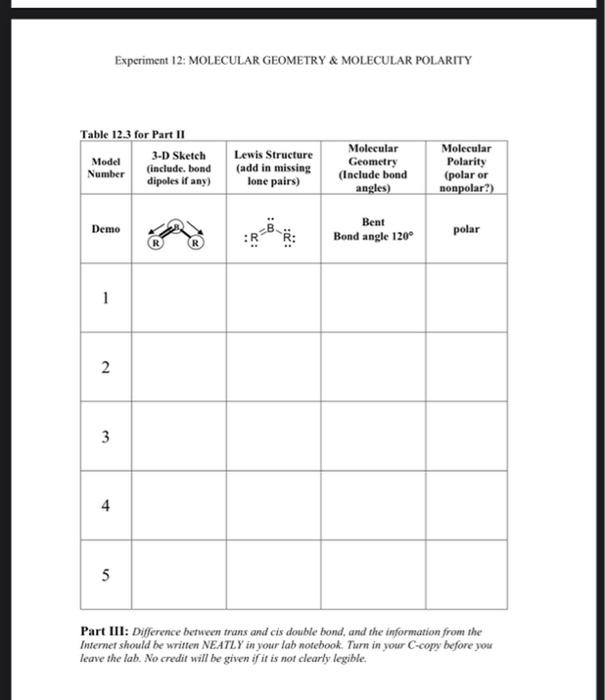 Solved Experiment 12. MOLECULAR GEOMETRY & MOLECULAR | Chegg.com