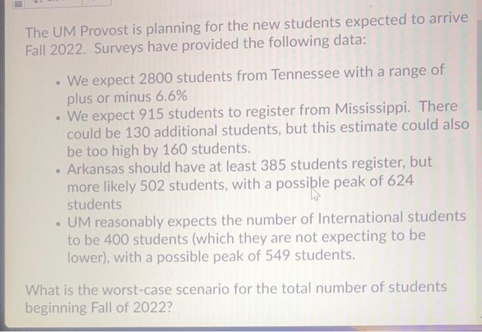 Solved The UM Provost is planning for the new students | Chegg.com