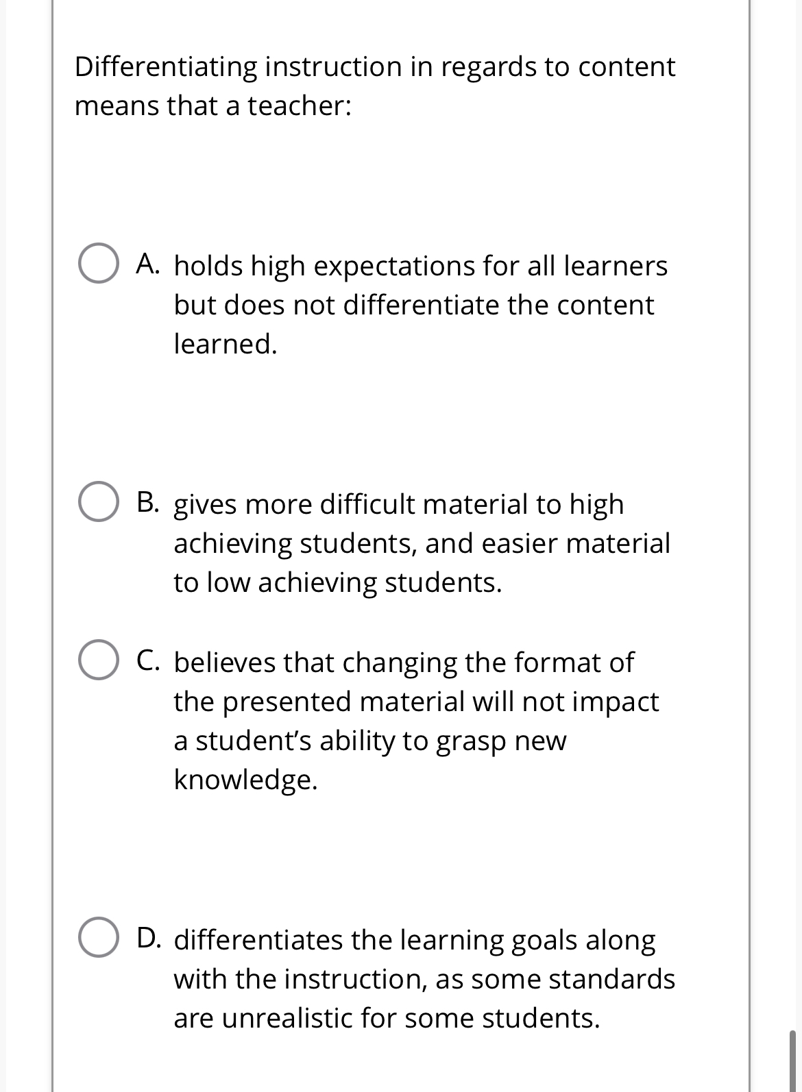 Solved Differentiating instruction in regards to | Chegg.com