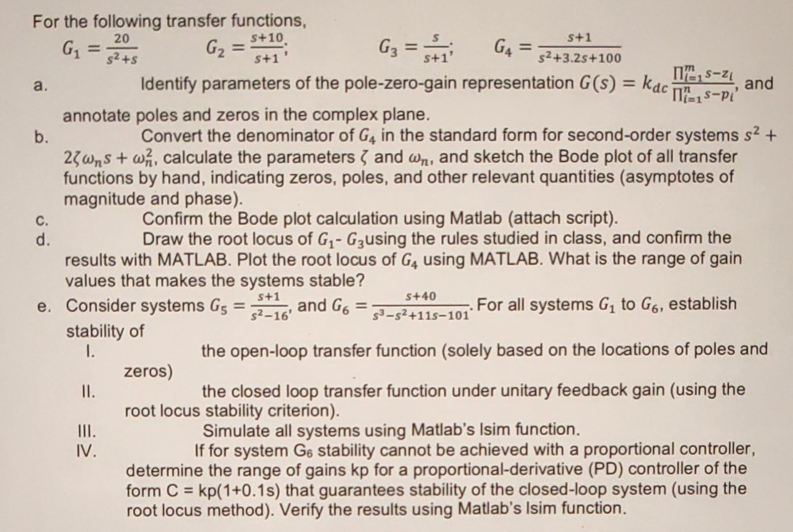 For the following transfer functions, | Chegg.com