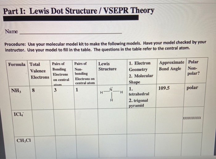 Solved Part I Lewis Dot Structure VSEPR Theory Name Chegg