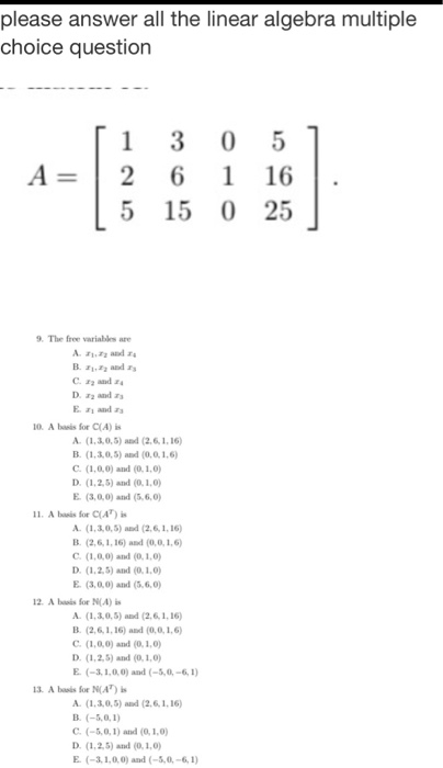 Solved please answer all the linear algebra multiple choice | Chegg.com