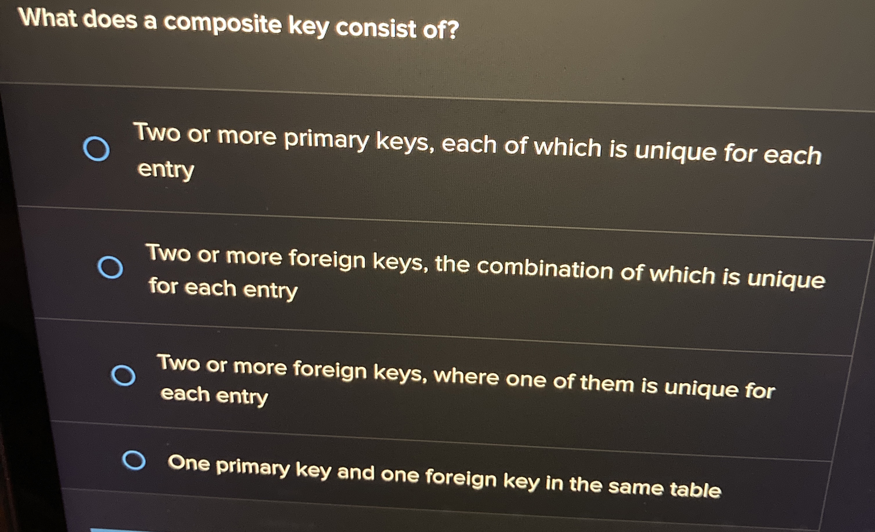 Solved What does a composite key consist of?Two or more | Chegg.com