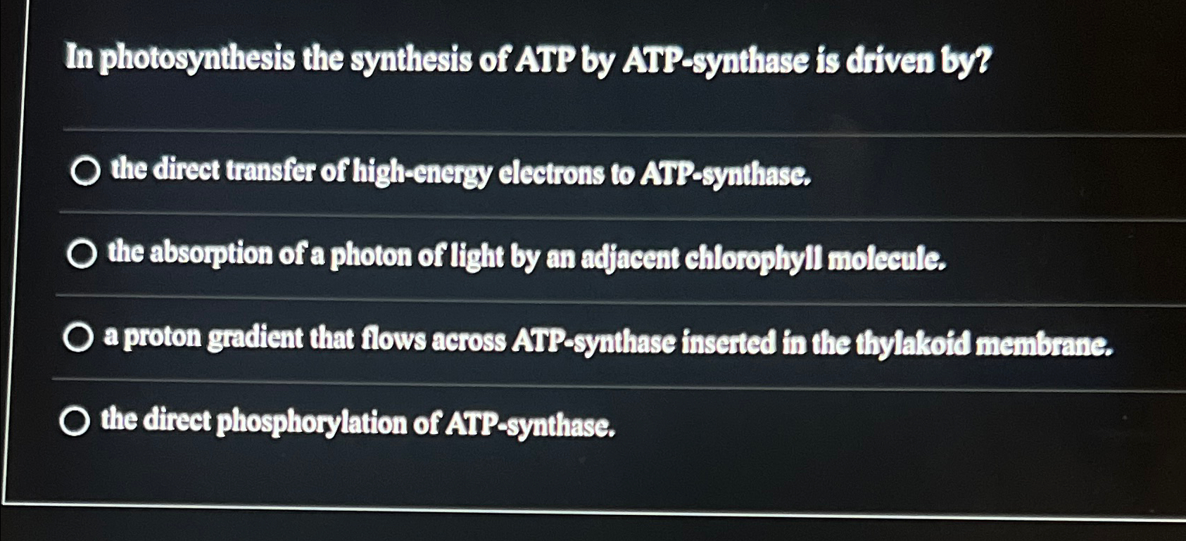 Solved In photosynthesis the synthesis of ATP by | Chegg.com