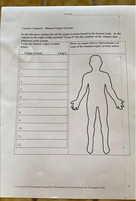 Solved Various Chapters - Human Organ Systems In the | Chegg.com