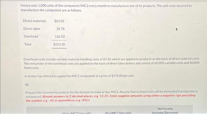 Solved Innova uses 1,000 units of the component IMC2 every | Chegg.com
