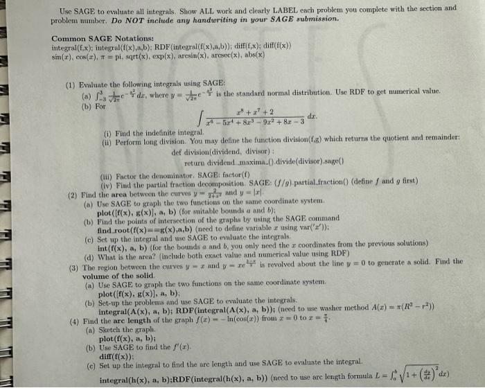 Use SAGE to evaluate all integrals. Show ALL work and | Chegg.com