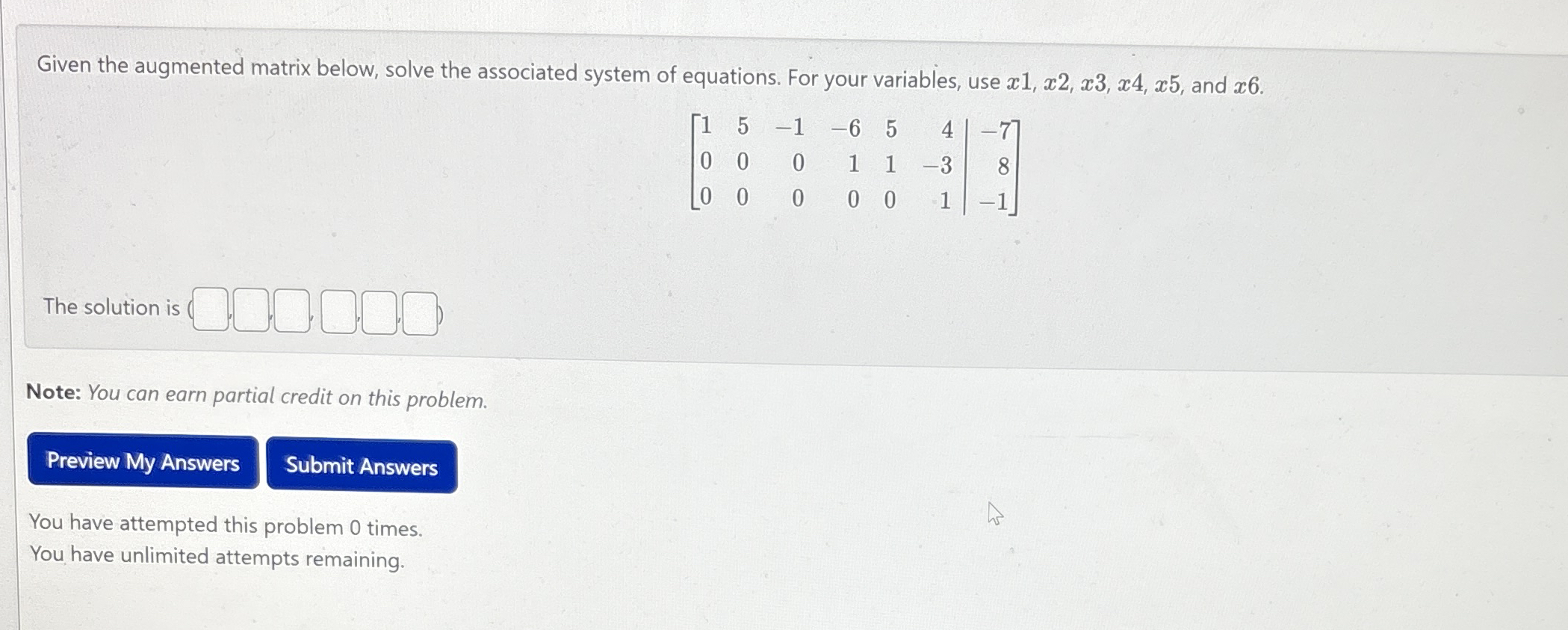 Solved Given the augmented matrix below, solve the | Chegg.com
