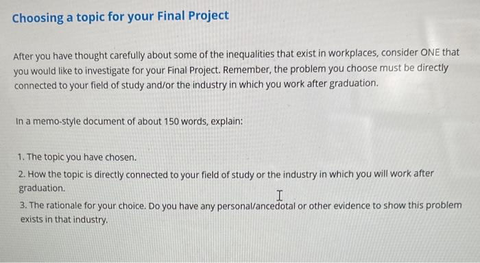Choosing a topic for your Final Project After you | Chegg.com