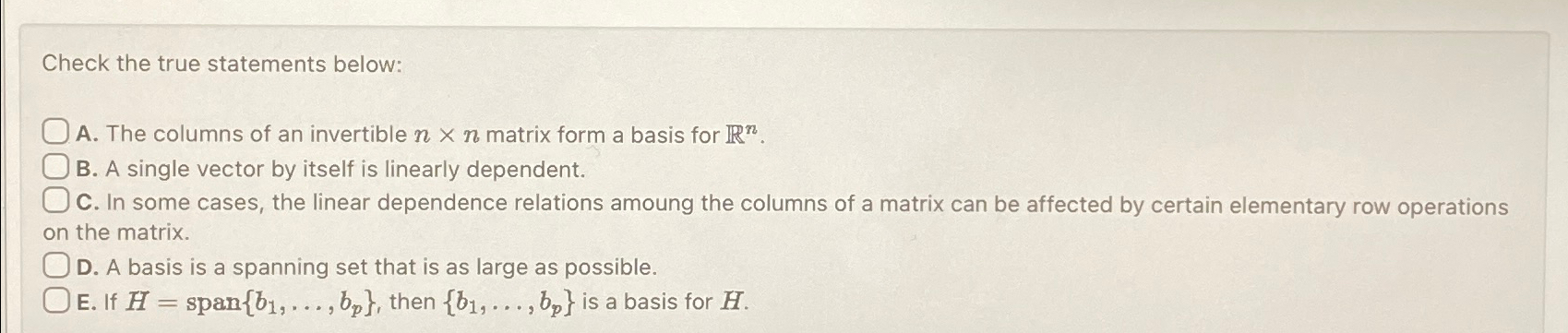 Solved Check the true statements below:A. ﻿The columns of an | Chegg.com