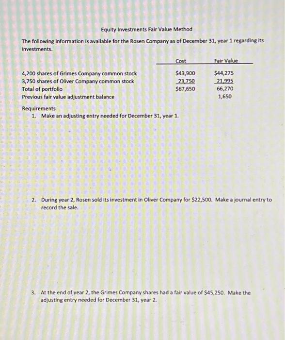 Solved Equity Investments Fair Value Method The following | Chegg.com