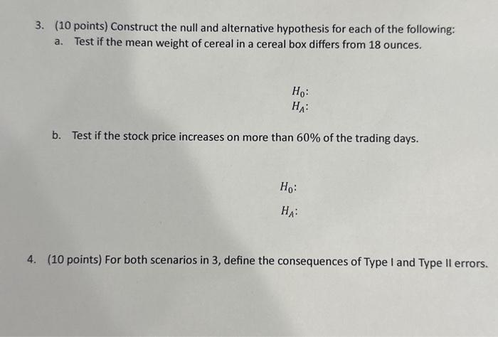 Solved 3. (10 points) Construct the null and alternative | Chegg.com