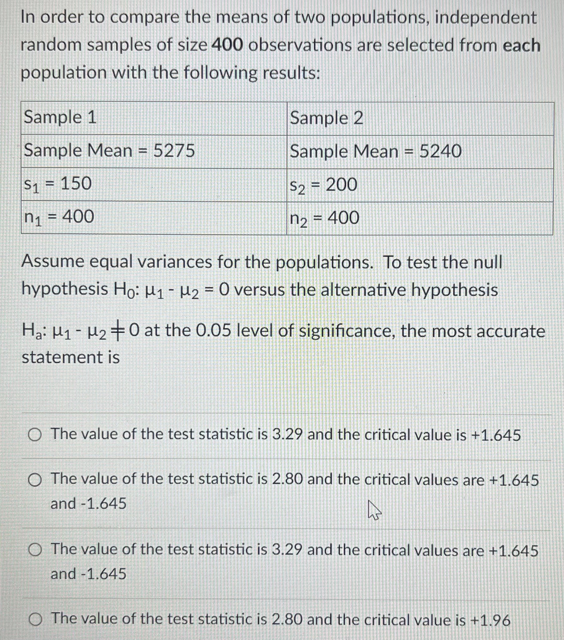 Solved In order to compare the means of two populations, | Chegg.com