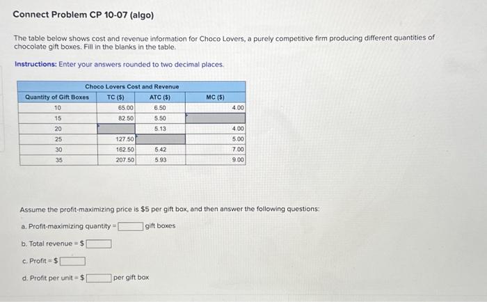 Solved Connect Problem CP 10-07 (algo) The table below shows | Chegg.com