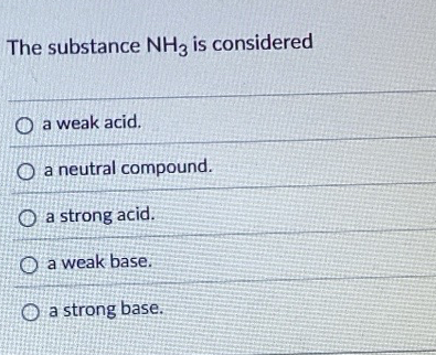 Solved The substance NH3 ﻿is considereda weak acid.a neutral | Chegg.com